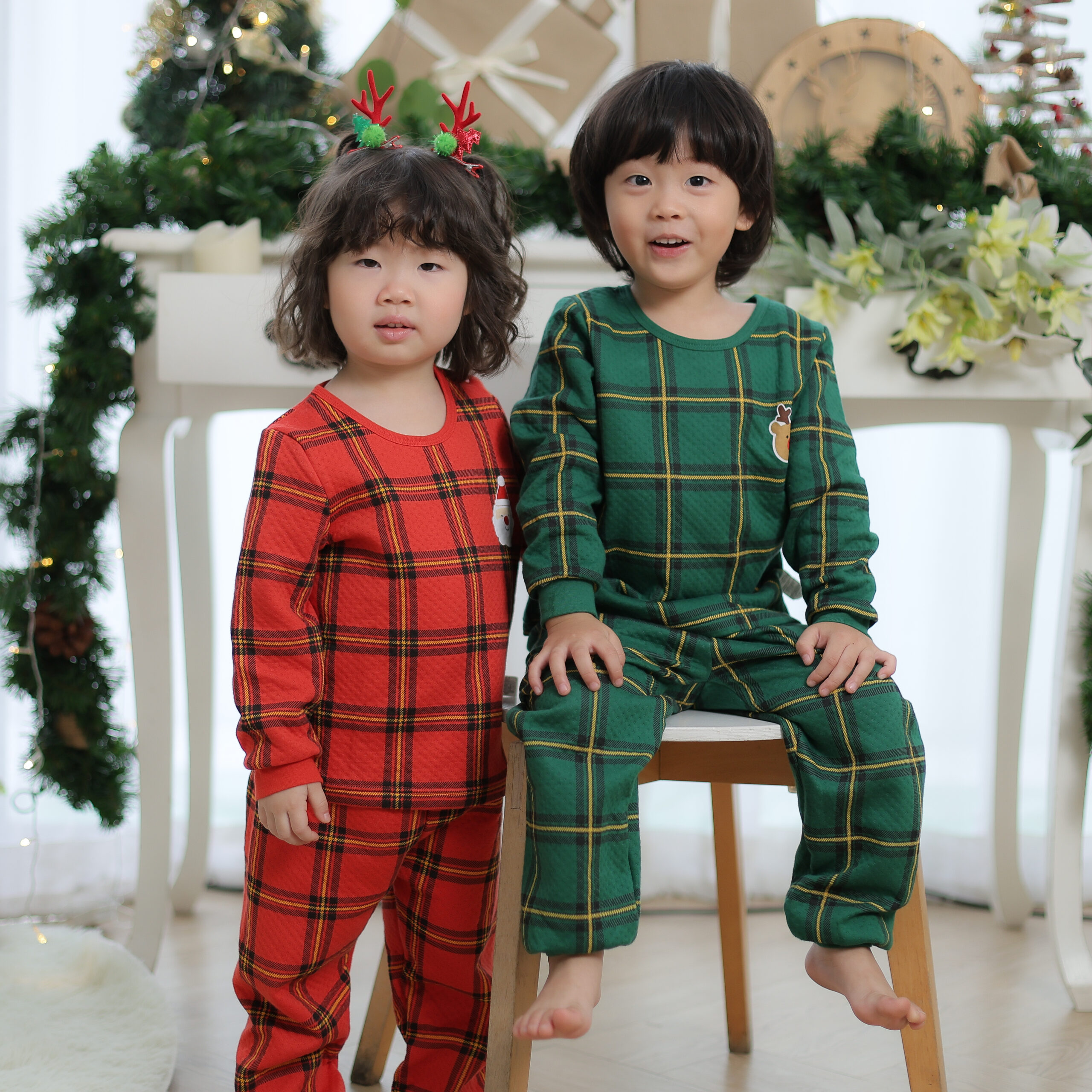ชุดนอนเด็กแขนยาวขายาว 23fw/Thermal Rudolph Check (Green) - Unifriend Thailand